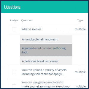Question functionality in the Genie content authoring tool