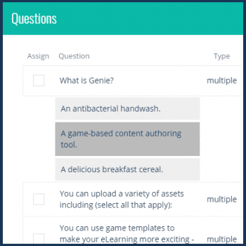 Question functionality in the Genie content authoring tool